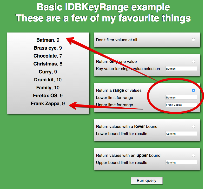 Using IndexedDB: limiting the range of values in a cursor – HTML game